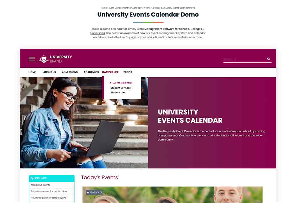 College & University Events Calendar Demo | Timely